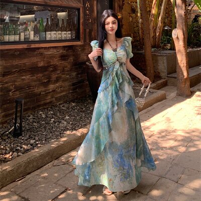 大码法式度假风甜美雪纺连衣裙