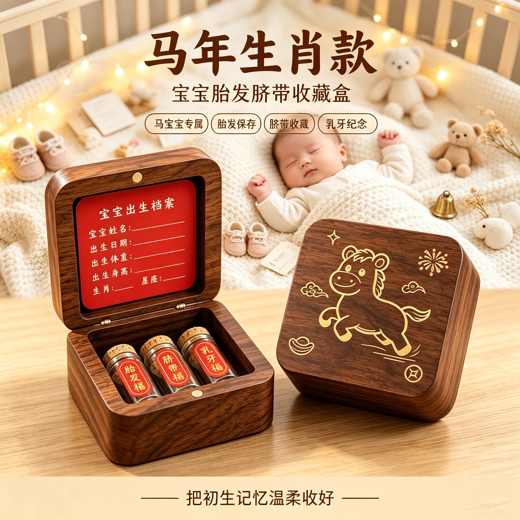 儿童生肖乳牙收纳盒婴儿脐带胎发保存盒宝宝脐带收藏瓶胎发纪念盒
