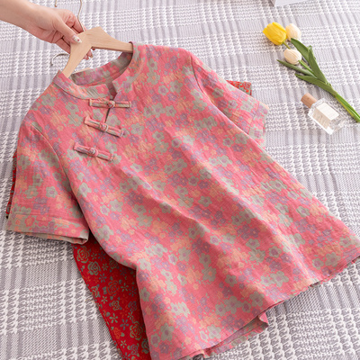 新中式国风斜襟盘扣女上装睡衣 纯棉双层棉纱短袖夏季宽松家居服