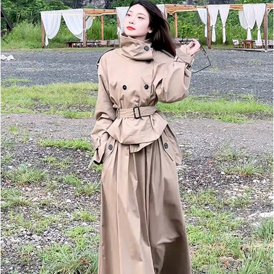 馨菲卡其色立领显瘦短款风衣+高腰大摆半身裙套装(配腰带)10556