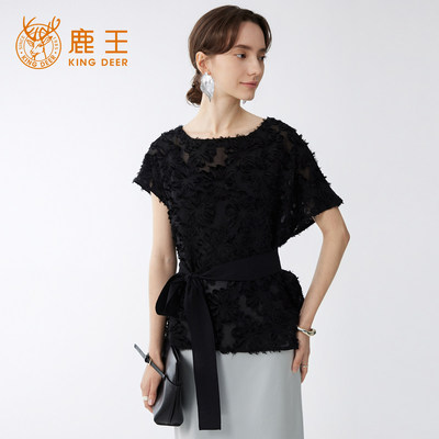 King Deer/鹿王夏季新款时尚宽松真丝短袖女士100%桑蚕丝剪花小衫