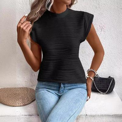 short-sleeved Half-high wave stripe textured collar button