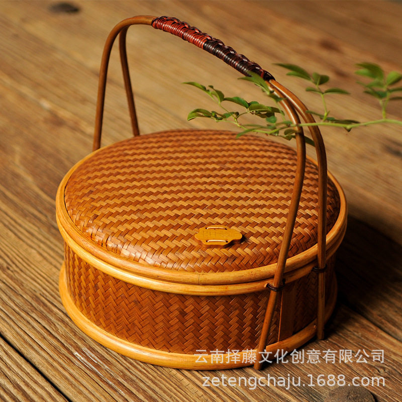 新品手工竹编大漆圆形方形双层食盒收纳盒茶叶包装云南特色手工艺
