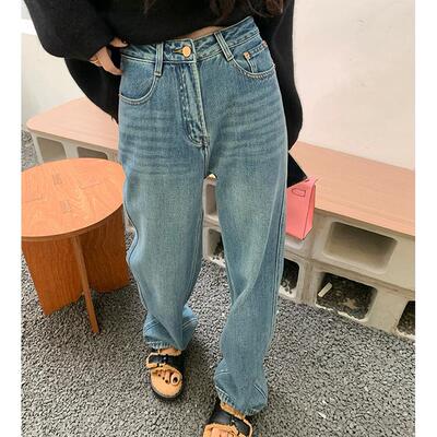 Mere Kore阔腿牛仔裤女2025春秋新款高腰直筒宽松显瘦拖地裤蓝色