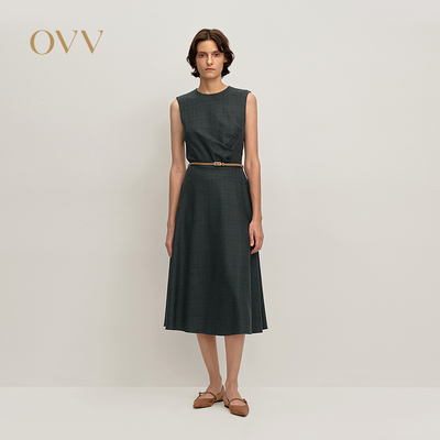 OVV秋冬热卖精致格纹精纺羊毛圆领休闲无袖连衣裙GQLWJ35102A