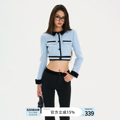 FINDYAWINGS《法式冰蓝》短款露腰设计丝绒撞色小香风甜酷外套女