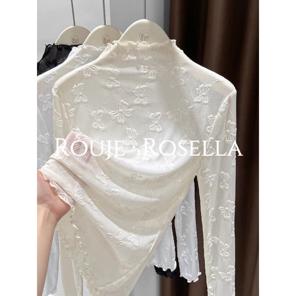法国Rouje Rosella⭐法式气质蕾丝修身网纱打底衫女花边长袖上衣
