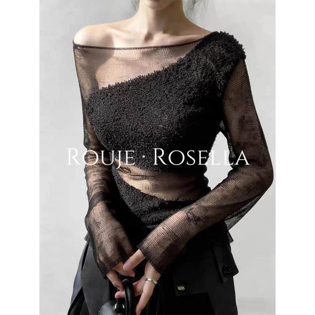 法国Rouje Rosella气质推荐黑色不规则镂空拼接长袖毛衣女上衣