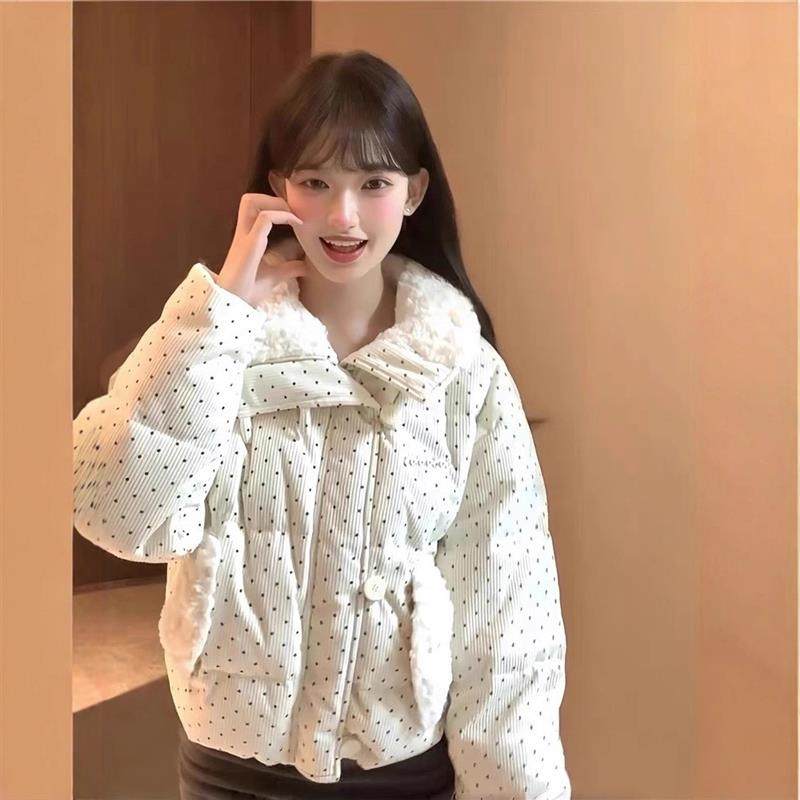 拼接设计感小众波点棉服上衣女冬季甜美可爱羊羔毛翻领外套棉衣韩