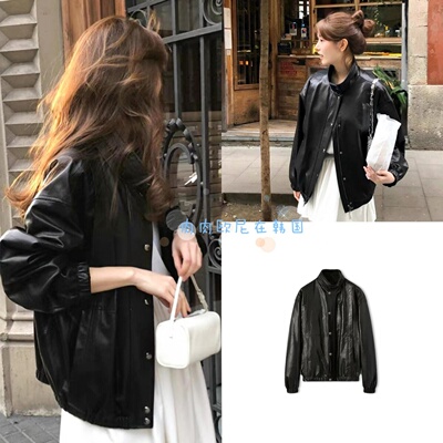 简约宽松立领黑色机车皮衣外套女