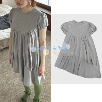 法式不规则褶皱泡泡袖圆领连衣裙