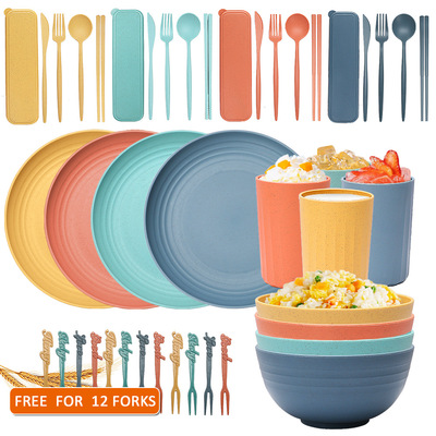 32 piece set of wheat straw bowls, cups, and plates, portable cutlery with knives, forks, spoons, chopsticks, and micro