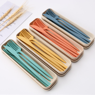 TikTok Wheat Straw Knife Fork Chopstick Portable Set for Office Workers Outdoor Travel Storage Tableware Set
