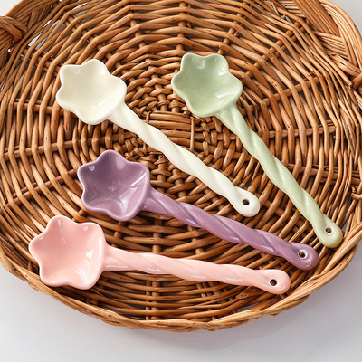 High Appearance Ceramic Star Spoon Girl Heart Fried Dough Twists Spoon Cream Series Lovely Long Handle Spoon Coffee Sti
