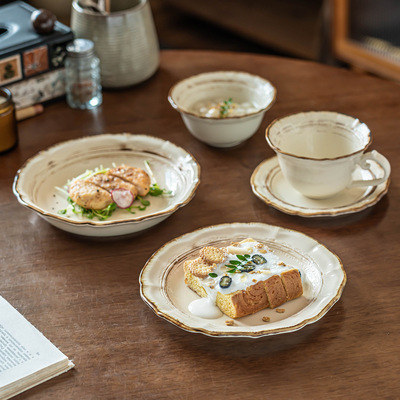 French style light luxury tableware ceramic bowl and plate set, home retro style plates, vegetable plates, round rice b