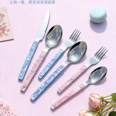 Acrylic clip handle 304 stainless steel French tableware set, steak knife, fork, spoon, spoon, dessert tea spoon