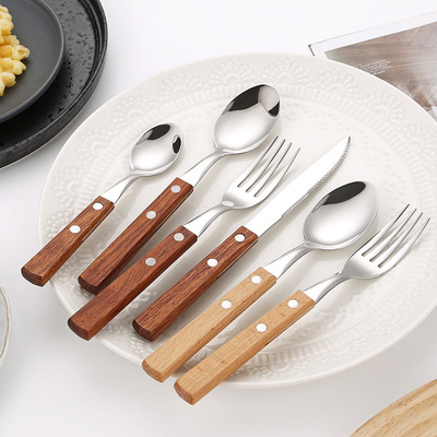 Solid wood 304 stainless steel knife, fork, spoon, Japanese style wooden handle, Western tableware, steak knife, desser