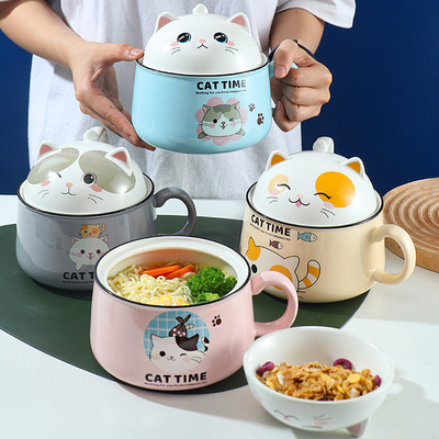 Cat Ceramic Bowl with Handle Cute Office Worker Japanese Large Female Student Dormitory Cartoon Instant Noodles Bowl Mi