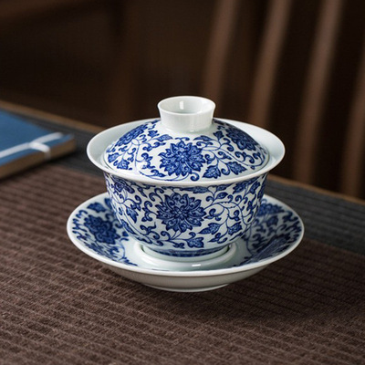 Jingdezhen entwined lotus, three talents, covered bowl, tea cup, single serving cup, Kung Fu tea set, anti scalding tea