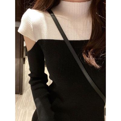 欧洲站秋冬新款法式轻奢高端小心机设计感开叉修身拼色针织连衣裙