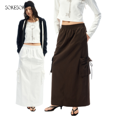 SOKESOKE 高质感长绒棉 松紧腰 立体口袋工装长裙