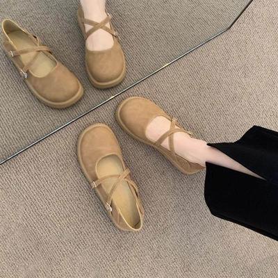 英国DHWA真皮圆头单鞋女春秋季一脚蹬百搭覆古法式小皮鞋