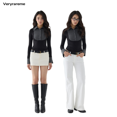 Veryrareme条纹拼领修身假两件衬衣上衣