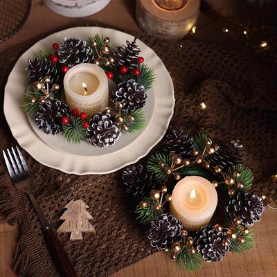 Faux Pine/Cherry Candle Wreath: Xmas Tabletop Decor
