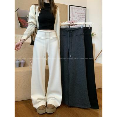 PPHOME加绒加厚抽绳卫裤女秋冬休闲裤慵懒风垂感直筒阔腿裤拖地裤