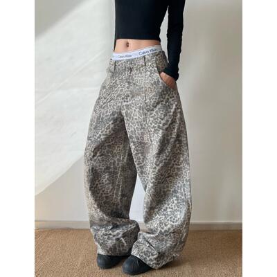 Hope88美式覆古做旧水洗豹纹工装裤女街头穿搭弯刀阔腿长裤情侣潮