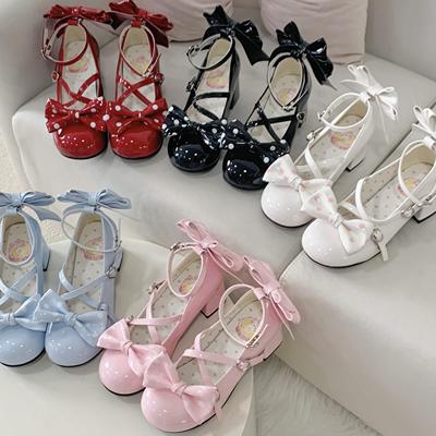 【现货】芙蕾啵啵中跟波点蝴蝶结呲甜圆头lo鞋