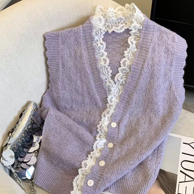 一念26年早春韩系V领蕾丝拼接洋气减龄叠穿针织马甲YS2-23555