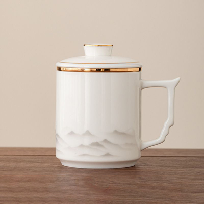 羊脂玉茶杯陶瓷茶水分离杯办公室带盖过滤泡茶马克杯杯子礼盒定制
