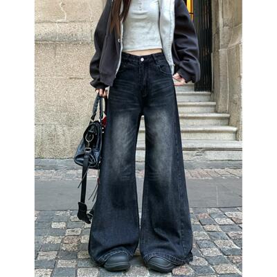 PPHOME覆古水洗阔腿牛仔裤女夏季黑色高腰宽松直筒裤休闲拖地长裤