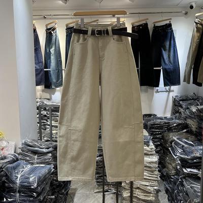 欧货2025秋冬季新款高腰宽松显瘦百搭白色弯刀牛仔十分裤子女抓毛