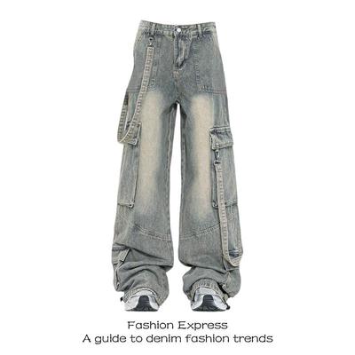 美式vibe复古高街多口袋工装牛仔裤女设计感小众宽松阔腿拖地裤子