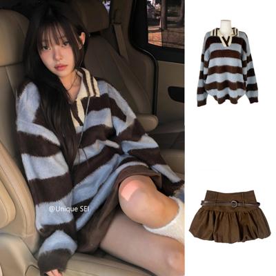 Unique SEI 韩系减龄学院风条纹翻领宽松针织衫毛衣显瘦花苞短裙