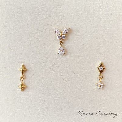 沫沫穿刺 镶钻超闪镀金吊坠钛合金耳骨钉百搭flat耳垂内螺旋免摘