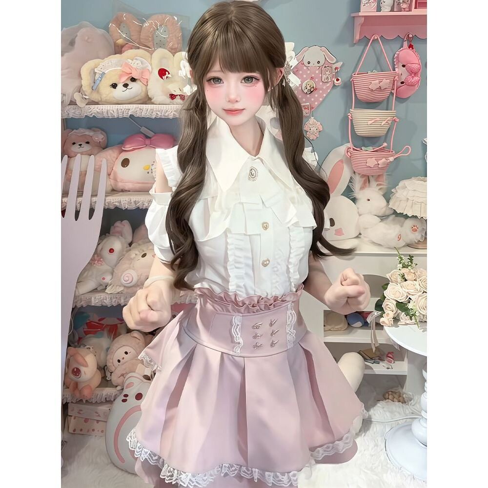 【甜桃序章】清楚系甜美清新小个子衬衫+百搭短裙两件套装夏季女