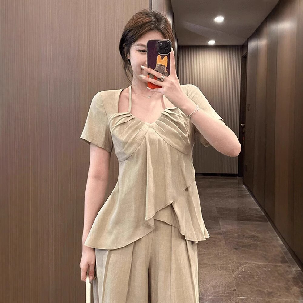 巨显瘦遮肉梨形身材套装大码夏季胖mm套装短袖小衫+长裤两件套女