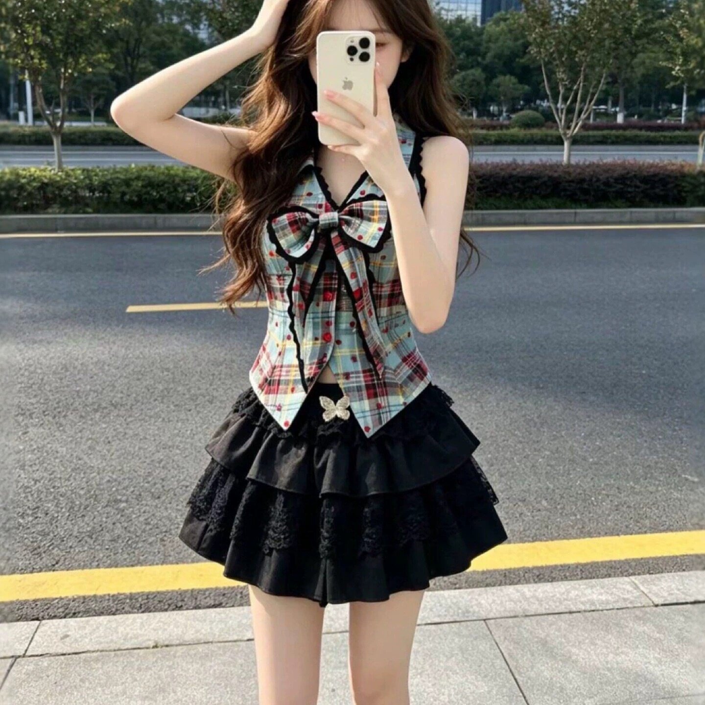 法式纯欲蝴蝶结格纹上衣蛋糕裙两件套女夏季小个子显瘦设计感套装