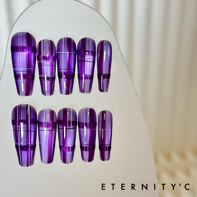 C+紫葡萄格子 亚文化新款欧美中长款重工高级美甲穿戴甲紫色手工