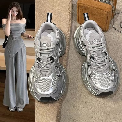 银色老爹鞋女2025新款秋季百搭小香风休闲运动鞋爆款增高跑步鞋子