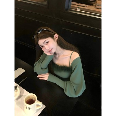 超好看大方得体穿搭高端气质名媛高级感绿色开衫吊带两件套装女秋