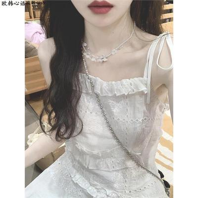 法式初恋白色刺绣吊带连衣