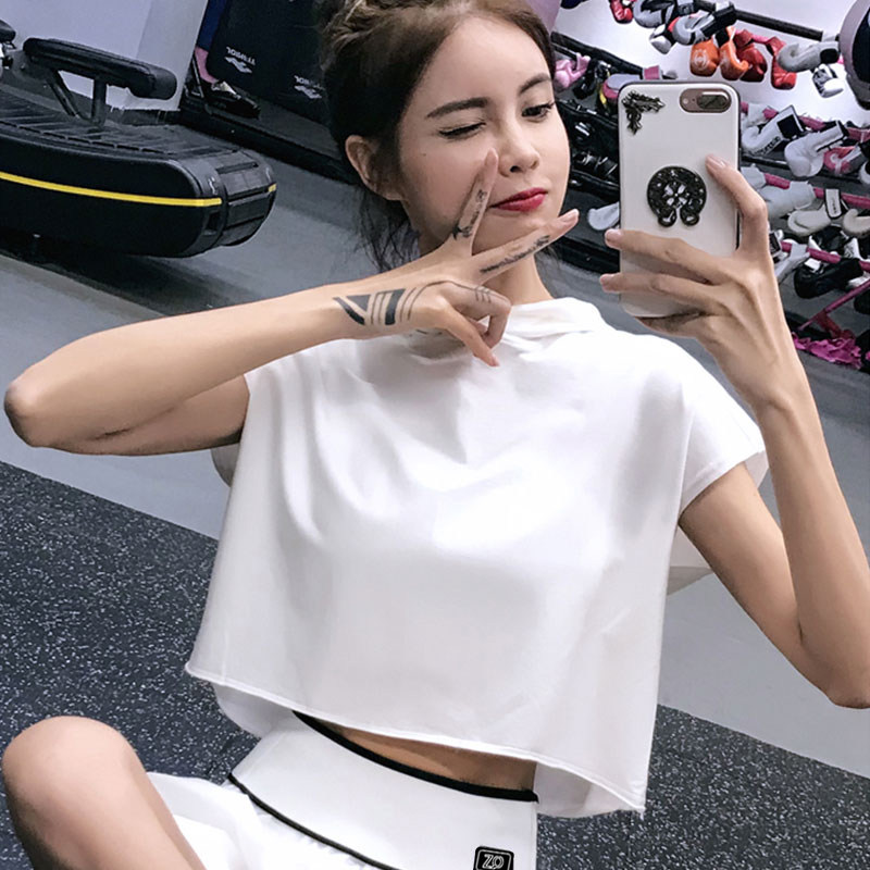 夏薄款高腰短款连帽宽松上衣女透气速干跑步休闲健身运动短袖t恤