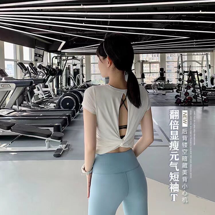夏季新款显瘦瑜伽健身上衣后背镂空美背气质速干透气运动短袖t恤