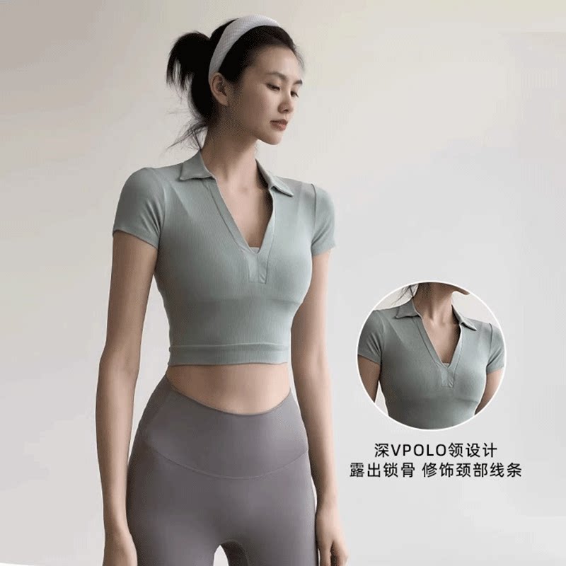 夏季POLO领短款高腰露脐健身瑜伽上衣女速干跑步运动普拉提训练服