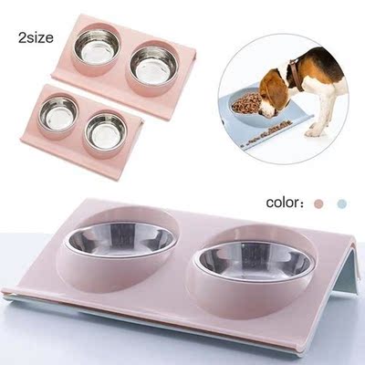 Double Dog Cat Bowls Stainless Steel Pet Food Water Feeder F