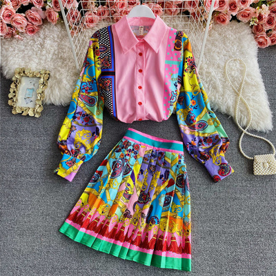 Women Fashion Luxury Print Shirt Top   Pleated Mini Skirt Ne